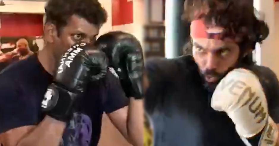 Arya posts new video of him practising boxing along with Vishal